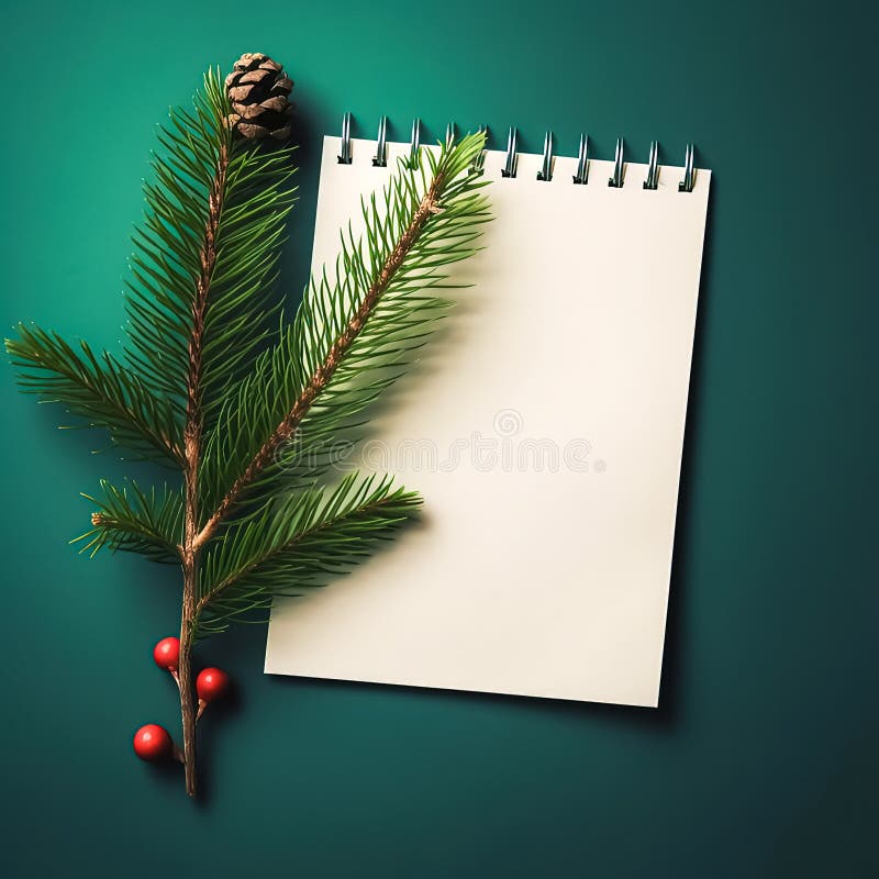 Spruce Branch and Blank Paper on a Green Background, Top View. Stock ...