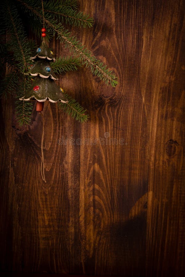 Spruce Branch and Christmas Tree on Wooden Planks Stock Photo - Image ...