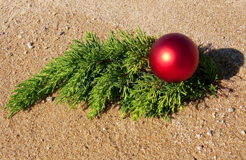 Spruce Branch and a New Year S Ball on the Sand Stock Photo - Image of ...