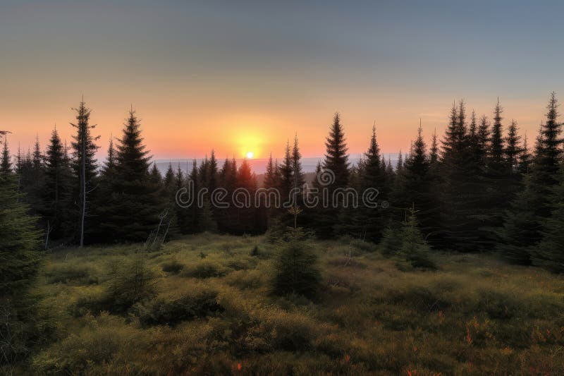 Spruce Forest at Dusk, with the Sun Setting Over the Horizon Stock ...