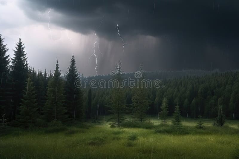 Spruce Forest during a Storm, with Lightning and Thunder Stock Image ...