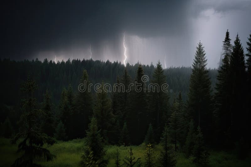 Spruce Forest during a Storm, with Lightning and Thunder Stock ...