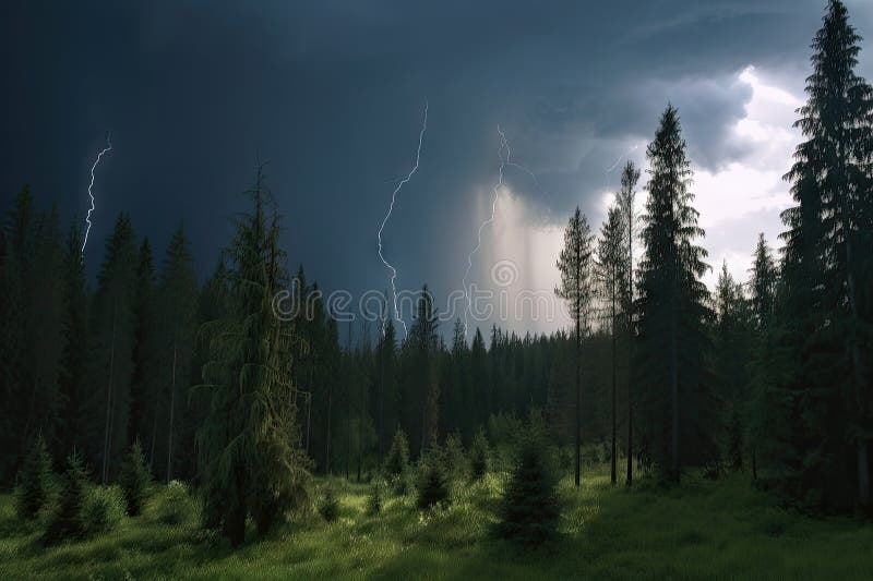 Spruce Forest during a Storm, with Lightning and Thunder Stock ...