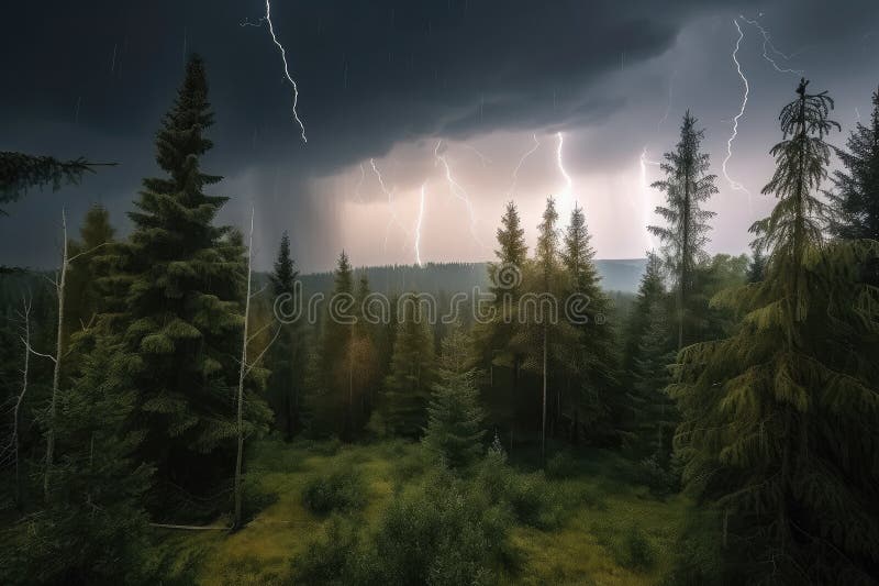 Spruce Forest during Storm, with Lightning and Thunderbolts Stock ...