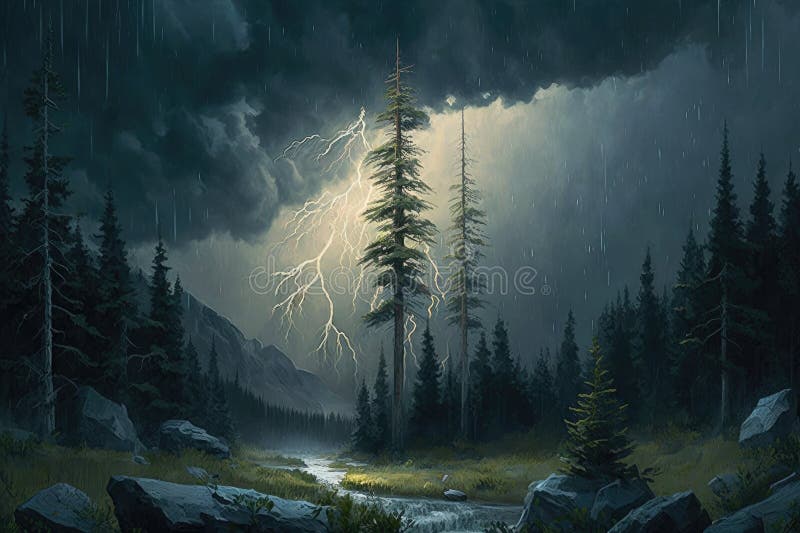 Spruce Forest on Stormy Day with Lightning and Thunder Stock ...