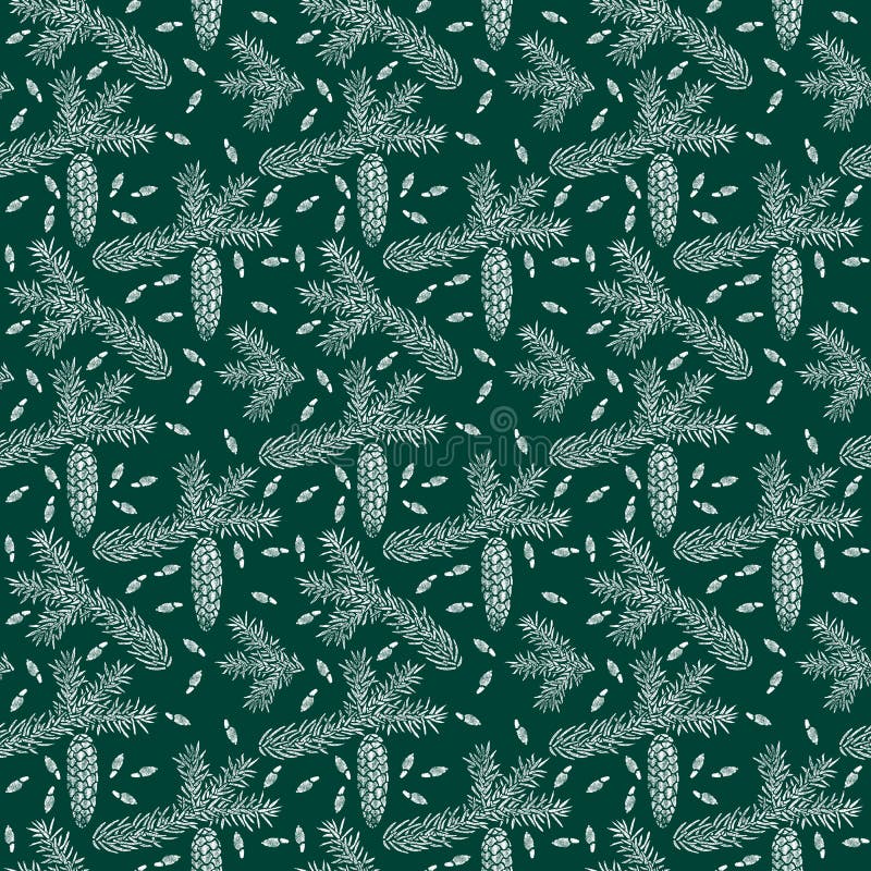 Spruce Seamless Pattern Isolated on Green. Picea Branch, Cone, Seed ...