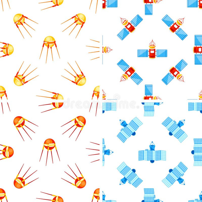 Sputnik and Satellite Seamless Pattern Rotating in Space on White ...