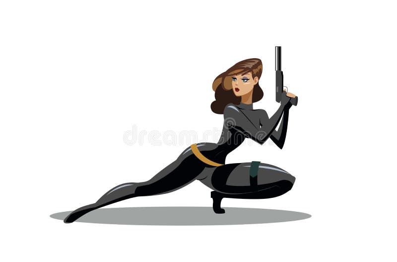 Spy Girl in Black Leather Clothes with a Gun Stock Vector ...
