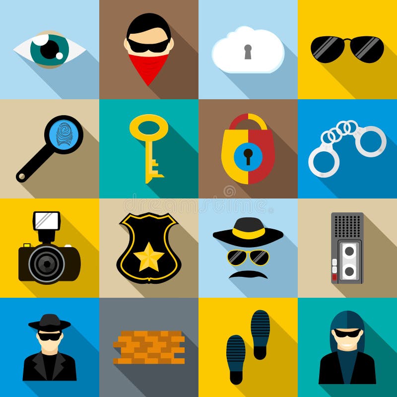 Spy icons set, flat style stock vector. Illustration of icon - 72391108