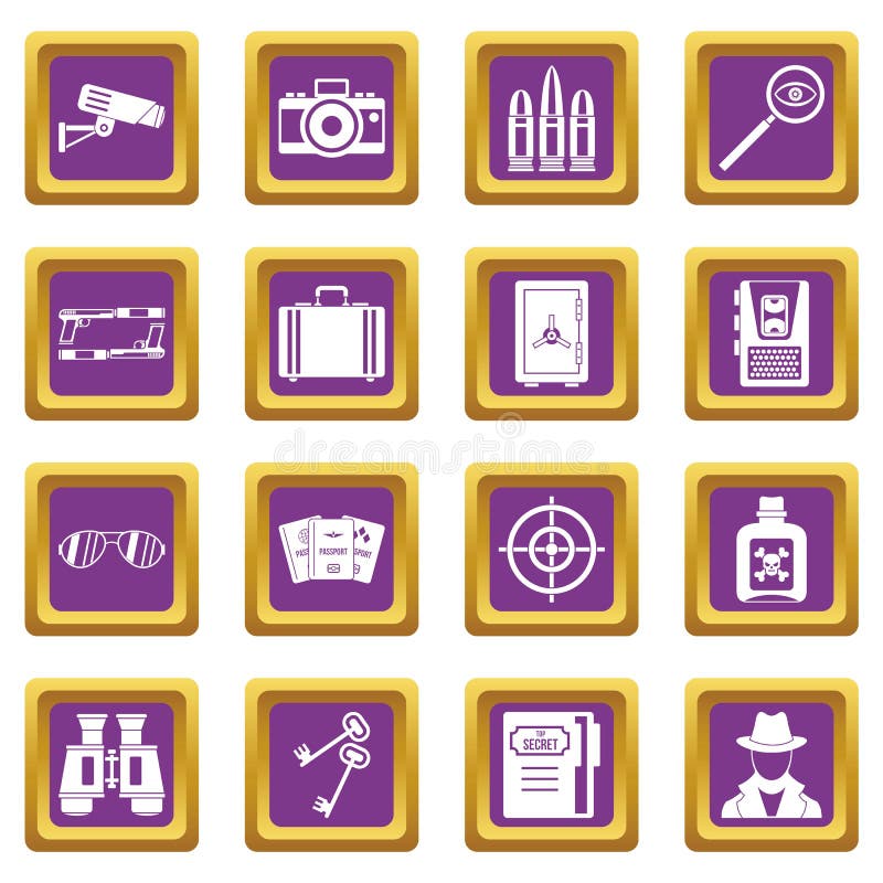 Spy tools icons set purple stock vector. Illustration of human - 98405611