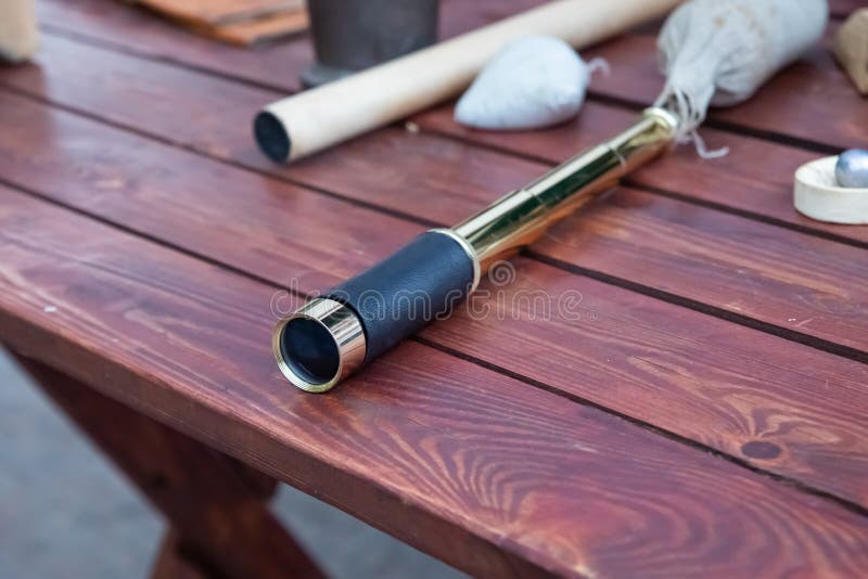 Spyglass on Wooden Table, Brass Handheld Telescope Stock Image - Image ...