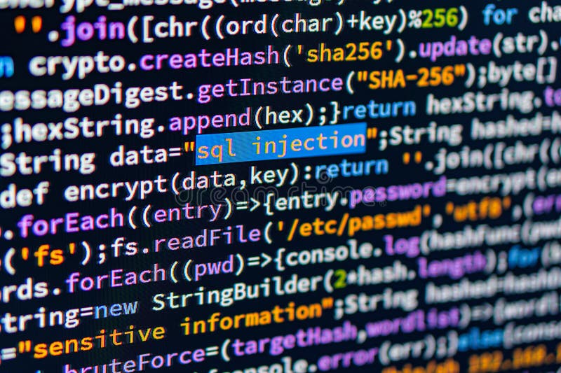 SQL Injection. Close-up Image of a Computer Screen Displaying Highlighted SQL Injection Code ...