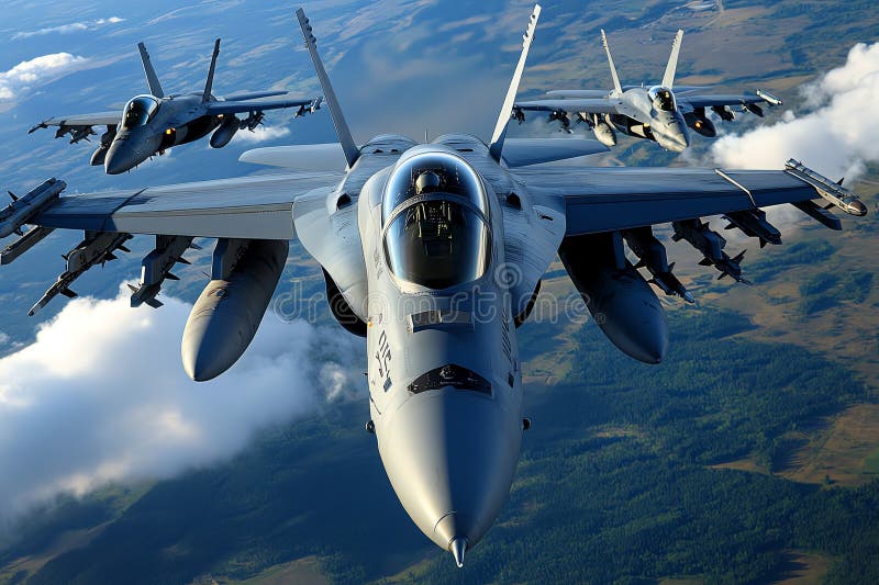 A Squadron of Fighter Jets Flying in Formation, Their Engines Roaring ...