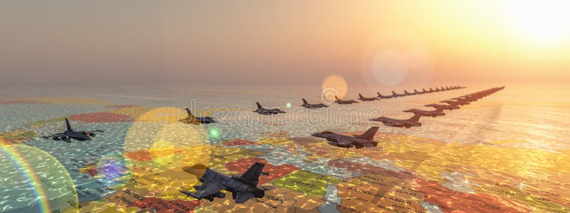 Fighter Jet Formation Gliding Over World Map at Sunset Stock ...