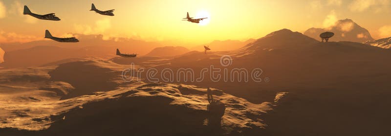 Squadron of Planes Flying Over Desert Terrain at Sunset Stock Image ...