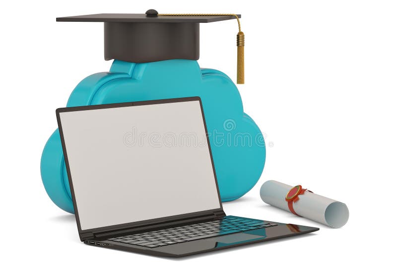 Square Academic Cap with Cloud and Laptop Isolated on White Background ...