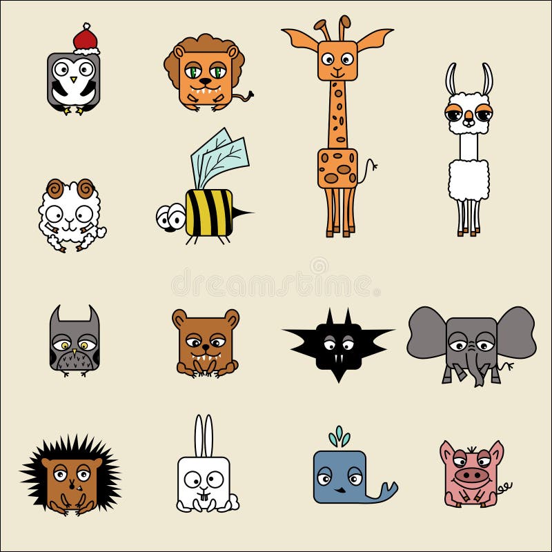 Square Animals Set Cartoon Illustration Stock Vector - Illustration of ...
