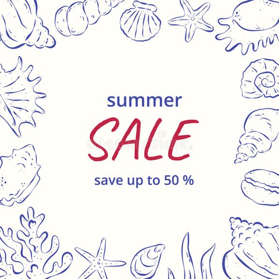 Square Background for Summer Sale. Hand Drawn Blue Seashells, Corals ...