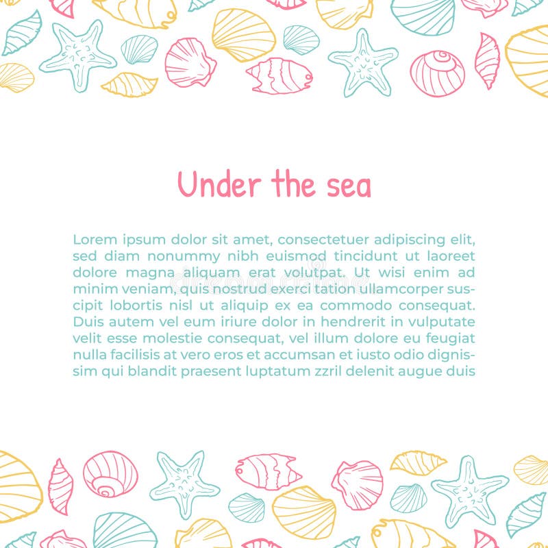 Square Banner or Poster with Hand Drawn Seashells Above and Below ...