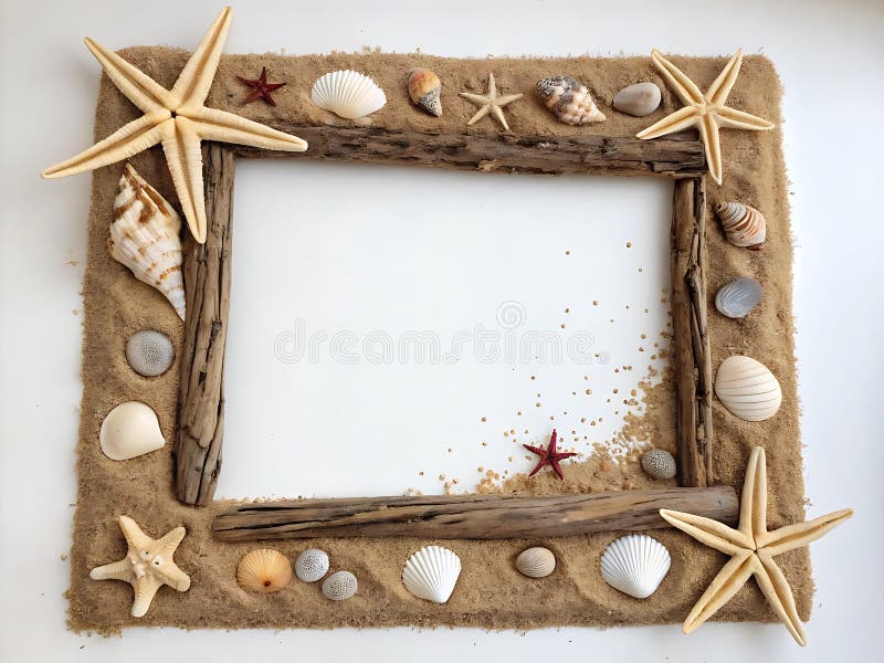 Square Beach-Themed Frame with Sand, Shells, and Driftwood Stock ...