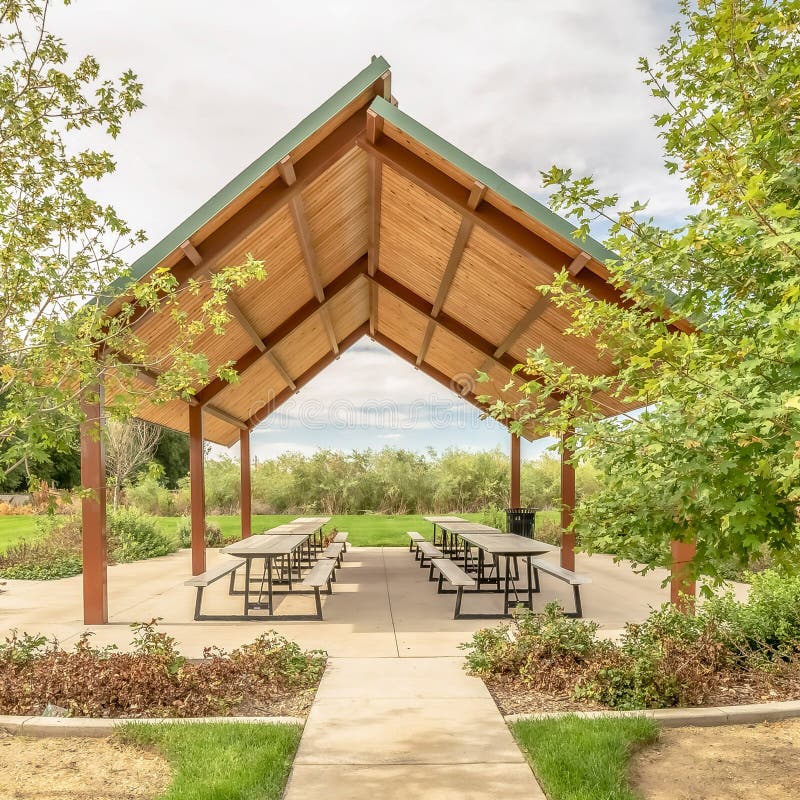 Square Beautiful View of a Picnic Pavilion at a Park with Pathway and ...