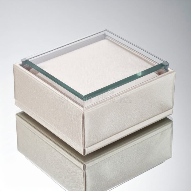 Square Beige Velvet Display Box with Glass Top Reflection on Tabletop ...