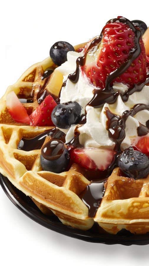 A Square Belgian Waffle Topped With Fresh Berries And Whipped Cream