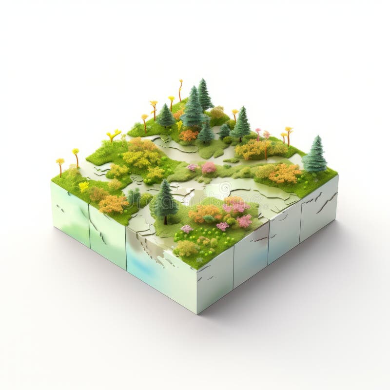 3d Cartoon Illustration of a Puzzle-like World with Plants and Trees ...