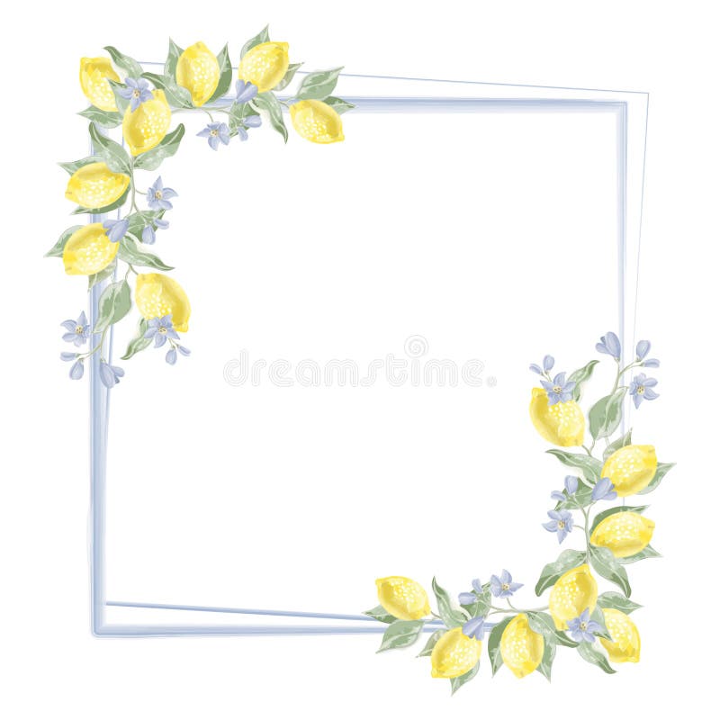 Square Blue Frame with Corner Decoration of Lemon Branches in ...