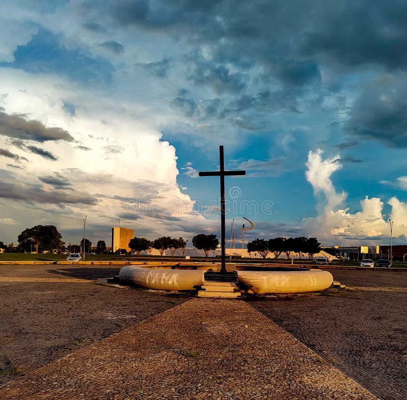 Square with Blue Sky and Some Clouds with a Cross in the Middle and the ...