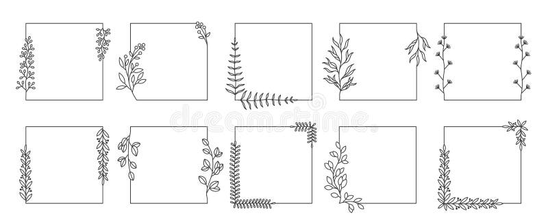 Square Botanical Frames. Line Doodle Herbal Borders and Floral Framing ...