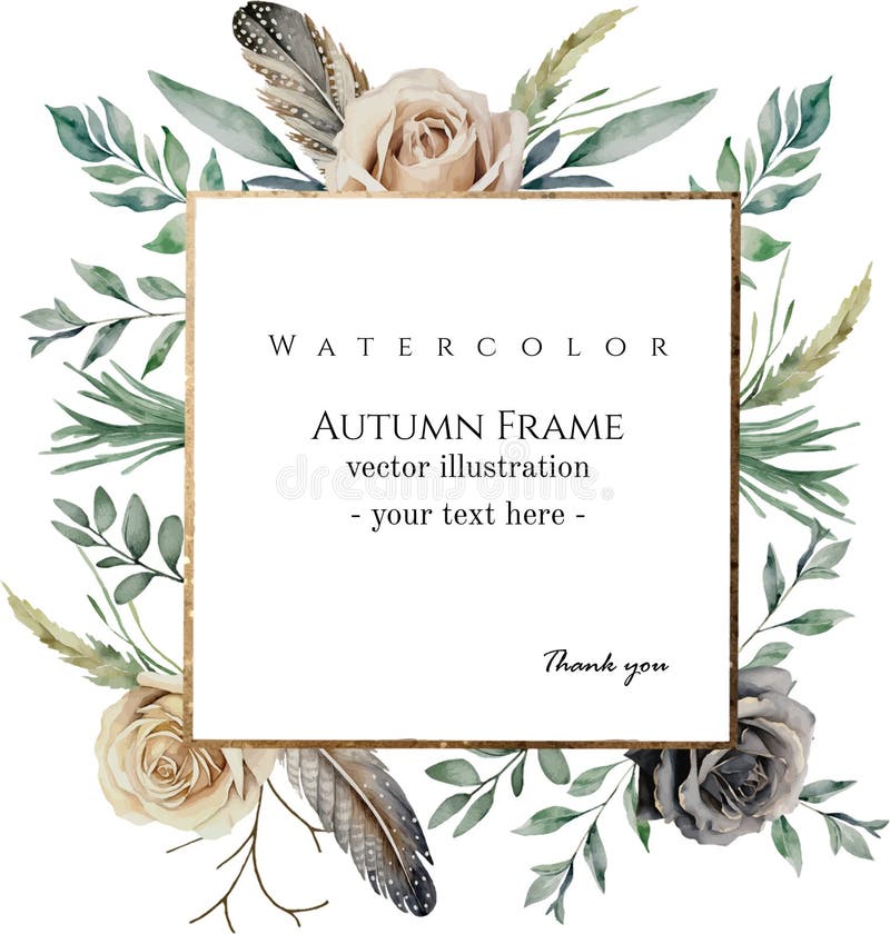 Square Botanical Vector Design Golden Frame with Roses, Watercolor ...