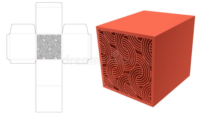 Square Box with Stenciled Curved Pattern Window Die Cut Template and 3D ...