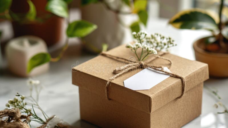 Square Brown Craft Box with a Mockup of a White Tag on the Lid without ...