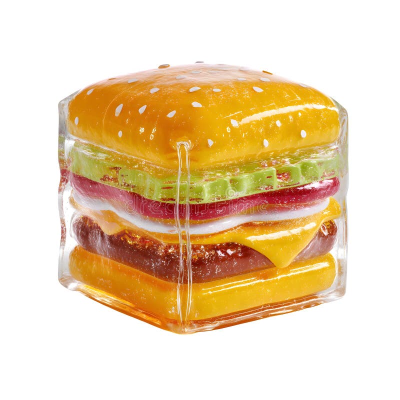 A Square Burger Encased in Clear Resin with Visible Layers on a White ...