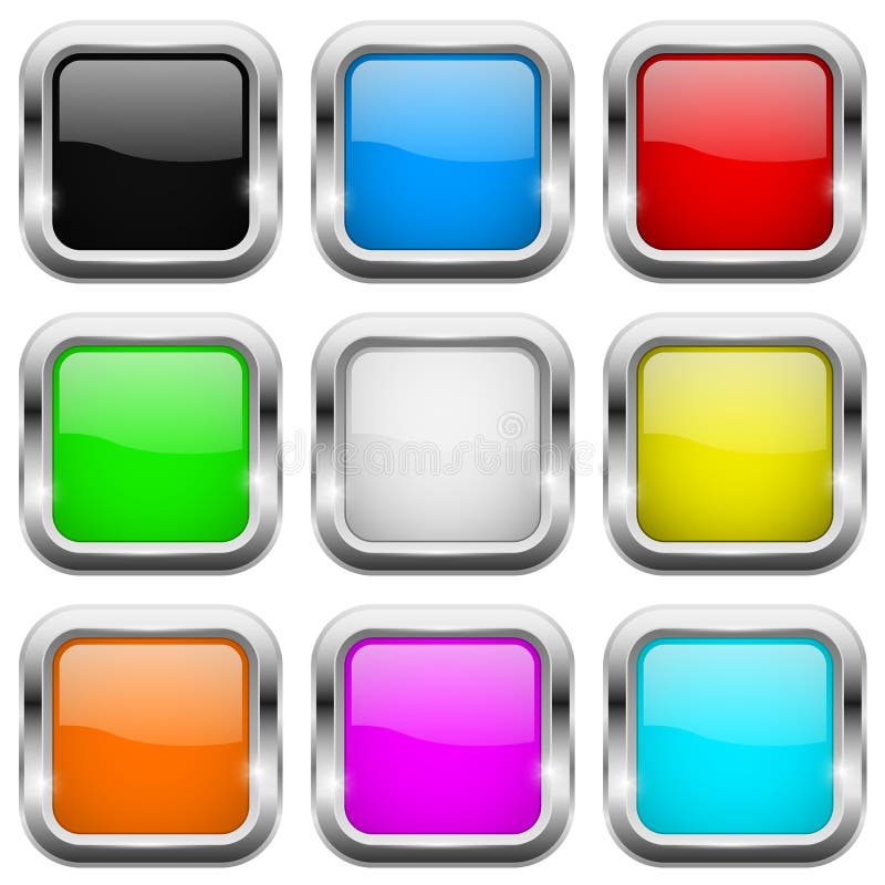 Square Buttons. Glass Colored Icons with Chrome Frame Stock Vector ...