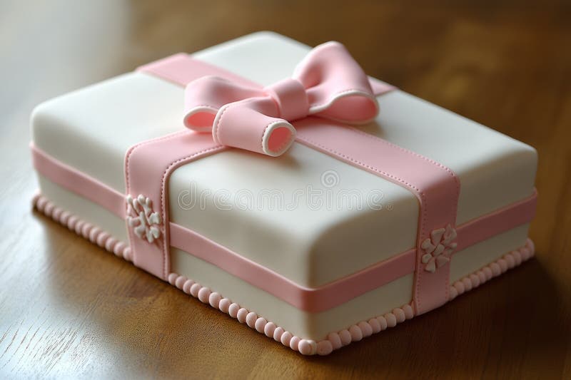 Square Cake Decorated Like a Gift Box with Pink Ribbon and Icing ...