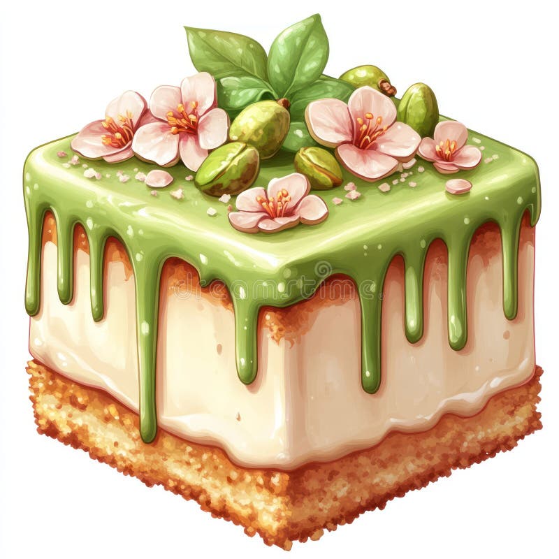 Square Cake with Green Icing and Pink Flowers Illustration Stock ...