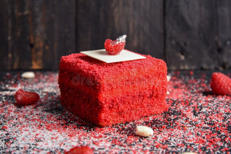 Square Cake with Raspberry Pink Crumbs. Pie Decorated with White ...