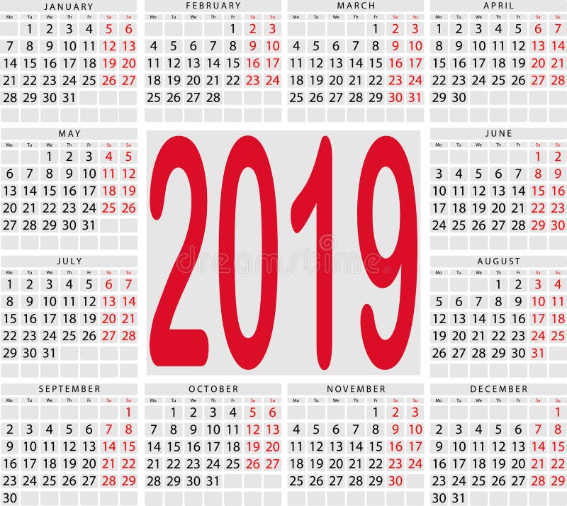 Square Calendar for 2019 Year. Week with Two Days Off Stock ...