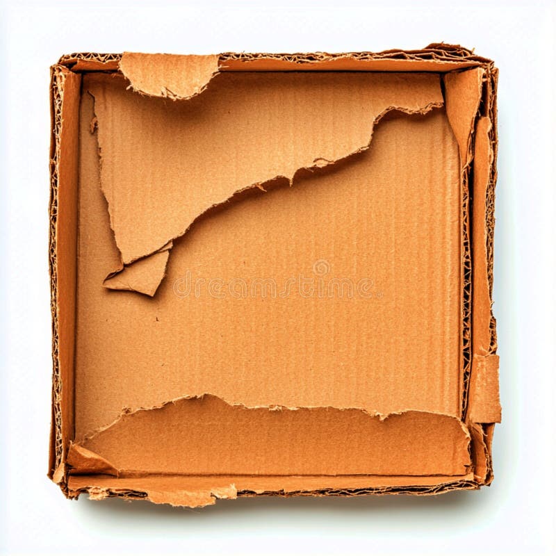 A Top Down View of a Square Cardboard Box with Torn Edges Against a ...