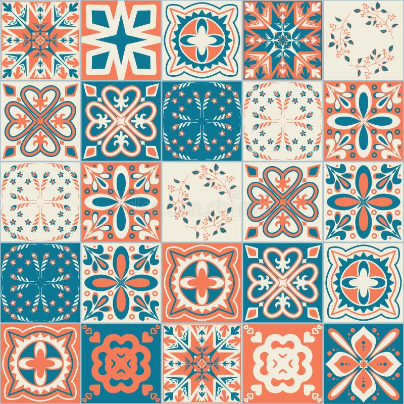 Square Ceramic Tiles in Mediterranean Style, Orange Blue Pattern for ...