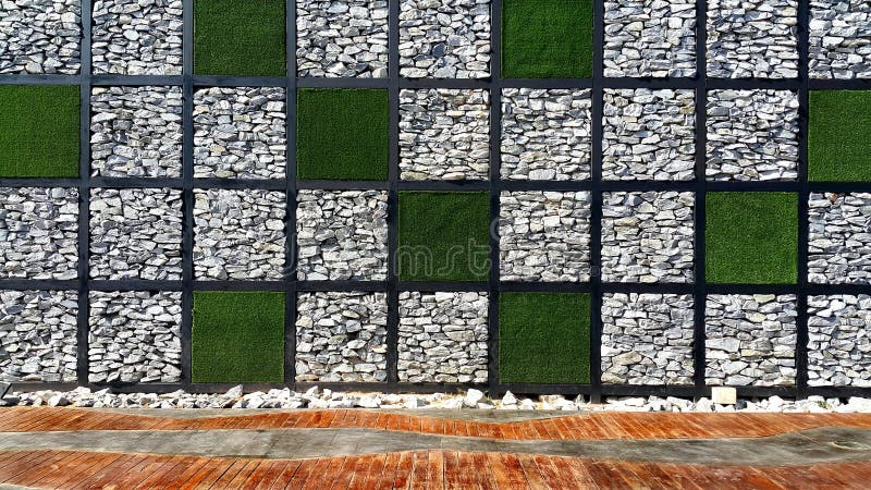 Square Check Pattern of Grass and Stone Wall with Wooden Floor Stock ...