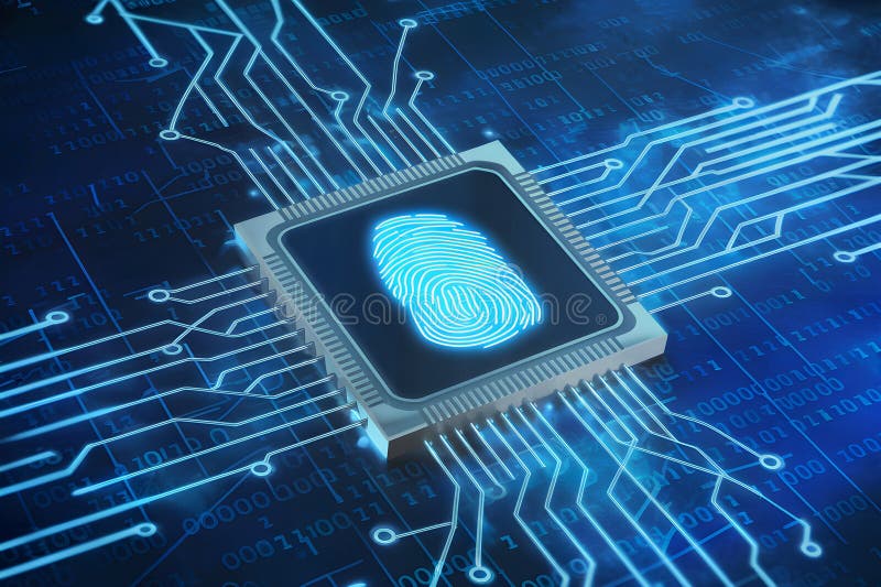Square Chip with Glowing Fingerprint, Intricate Lines, and Binary Code ...