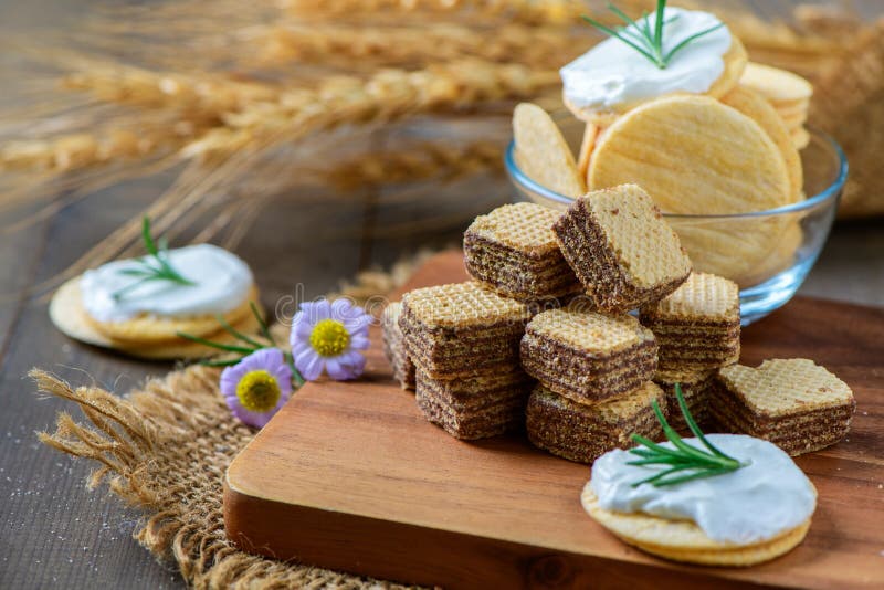 Square Chocolate Wafer Biscuits and Crackers with Cream Cheese Stock ...