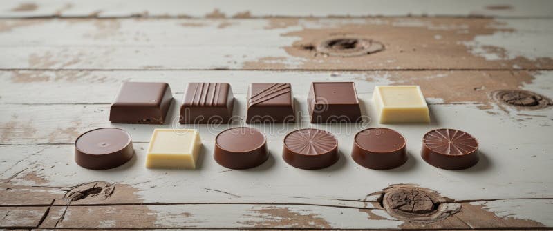Square and Circular Chocolates Arranged on Rustic Wooden Surfaces Stock ...