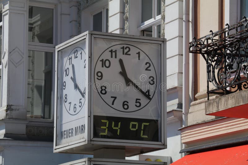 Square Clock in a Public Space Indicating Time and Temperature. Stock ...