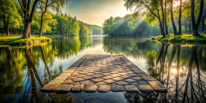 Square Cobblestone Path Floating on Top of a Lake Surrounded by Trees ...