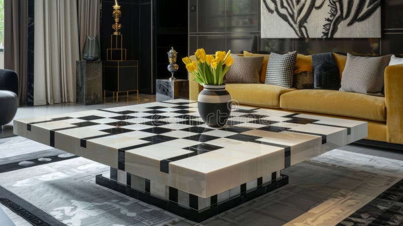 A Square Coffee Table with a Bold Black and White Checked Pattern Stock ...
