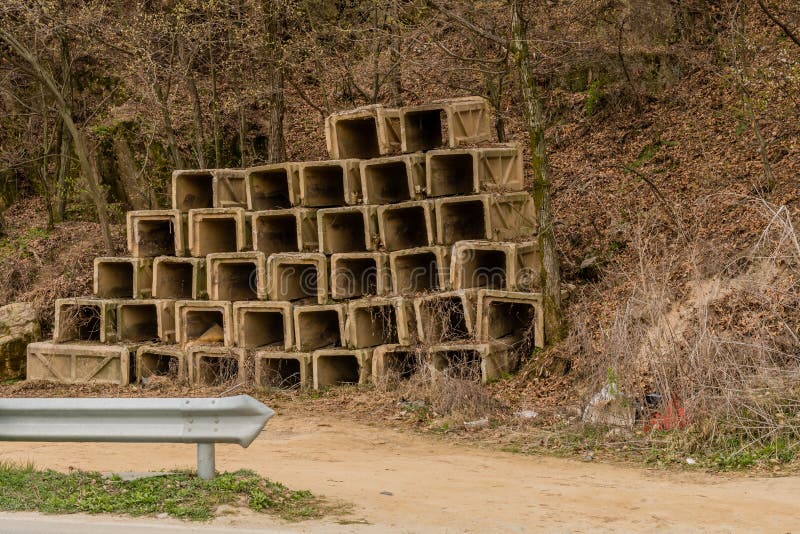 Concrete Culverts Stacked in Rows Stock Image - Image of drain, culvert ...